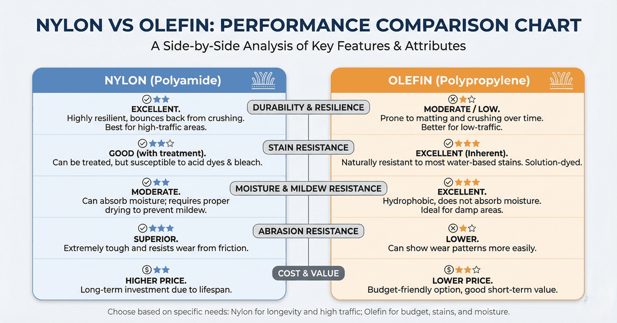 Olefin vs Nylon Carpet: Stains, Durability & Cost